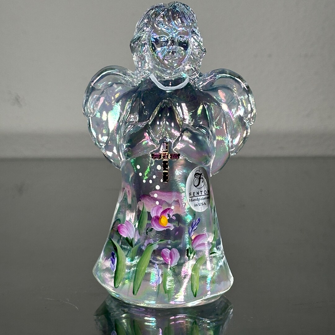 Fenton Glass Angel Iridized Clear Crystal Cross Hand Painted Floral ...