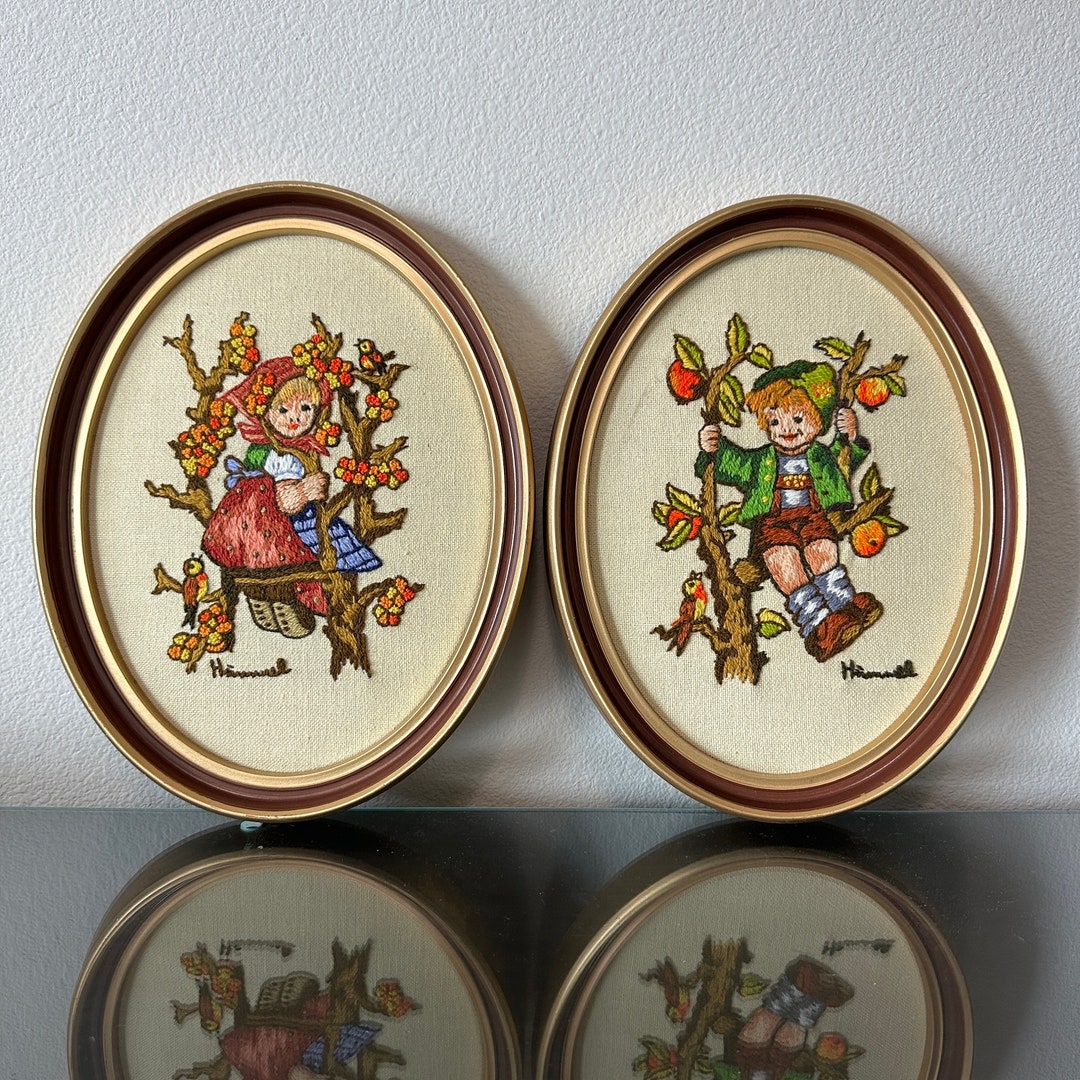 Vintage Hummel Girl & Boy Apple Tree Crewel Stitchery Needlepoint Frame ...