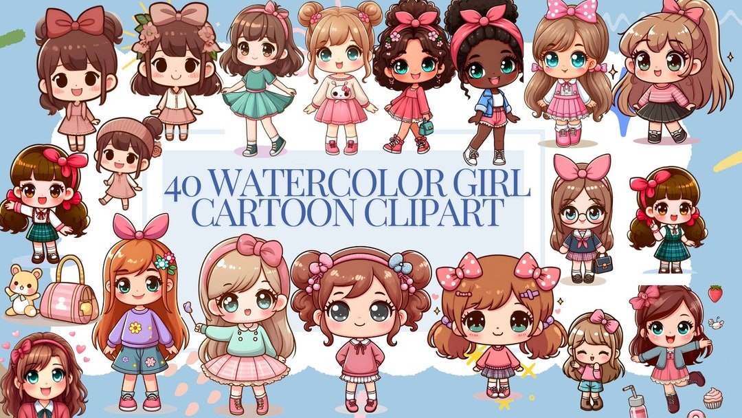 40 Watercolor Girl Cartoon Clipart | Painted Girl Cartoon Clipart ...