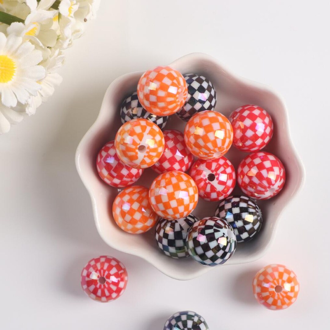 Acrylic Colorful Check Beads, UV Plaid Print Bubblegum Acrylic Bead ...