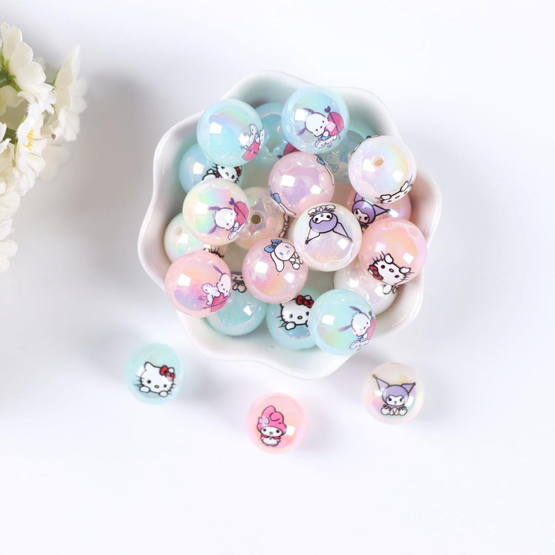 Cute Cartoon Cat Print Loose Beads, Kitty Bead Chunky Acrylic, Kawaii ...