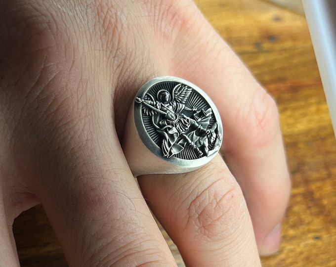 St Michael the Archangel Silver Round Seal Ring, Men's Christian Rings ...
