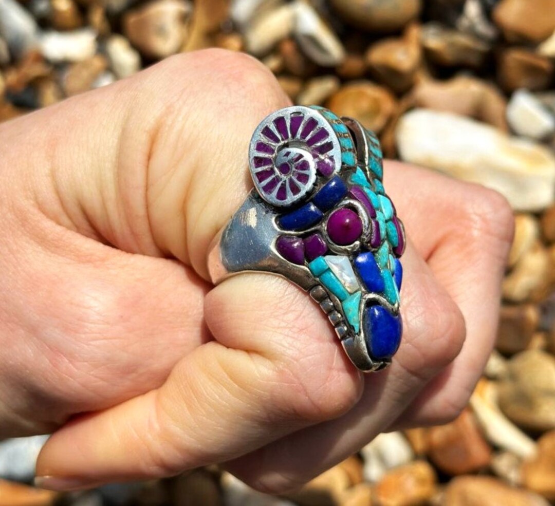 Ram Head Skull Ring 925 Sterling Silver Artistic Natural Stones Inlay ...