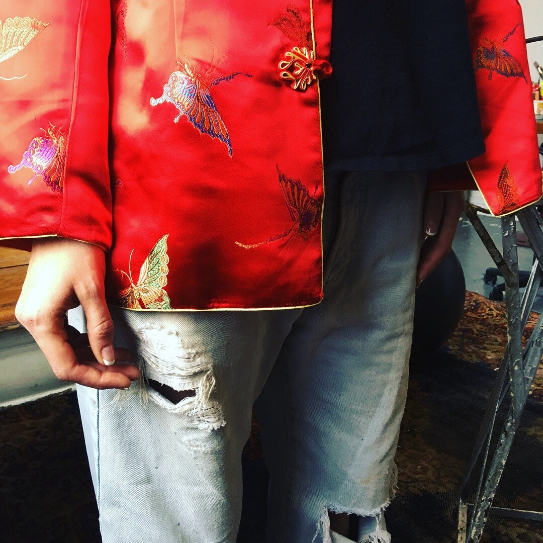 70s Cherry Red Silk Tang Jacket - Etsy