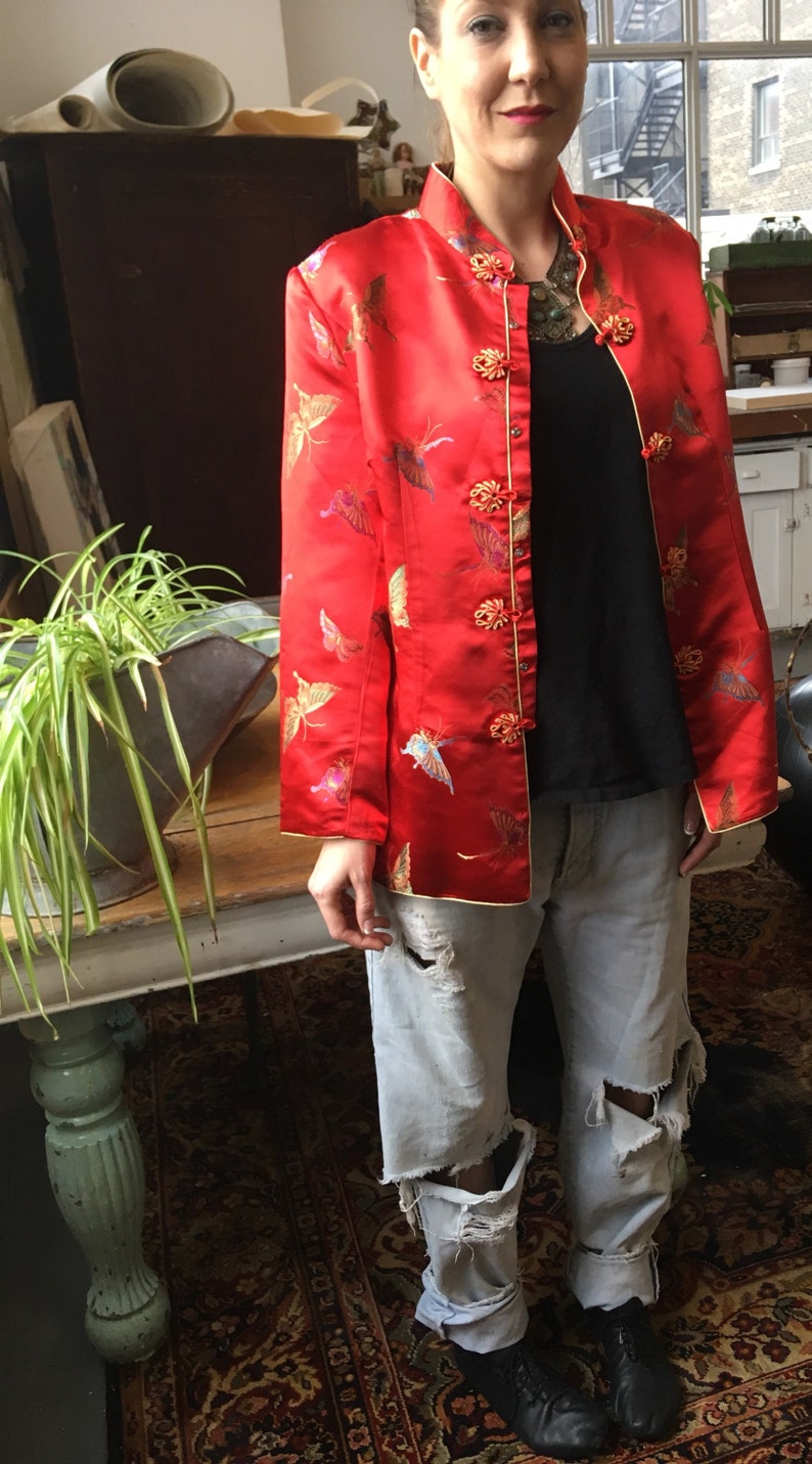 70s Cherry Red Silk Tang Jacket - Etsy