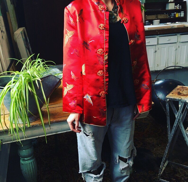 70s Cherry Red Silk Tang Jacket - Etsy