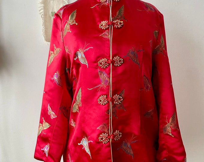 70s Cherry Red Silk Tang Jacket - Etsy