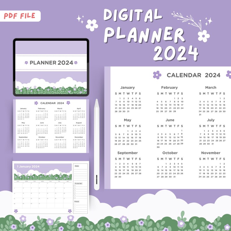 Purple and Flowers Garden Planner Templete 2024 - Etsy