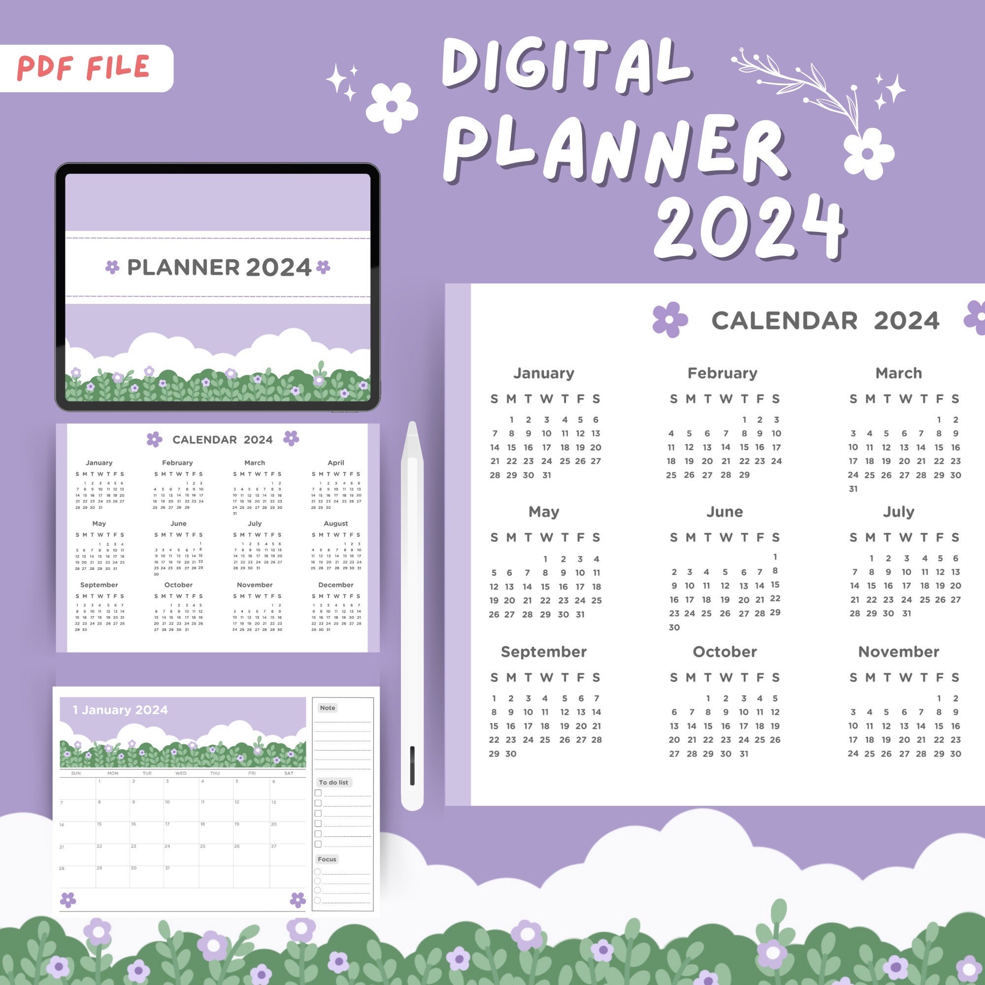 Purple and Flowers Garden Planner Templete 2024 - Etsy