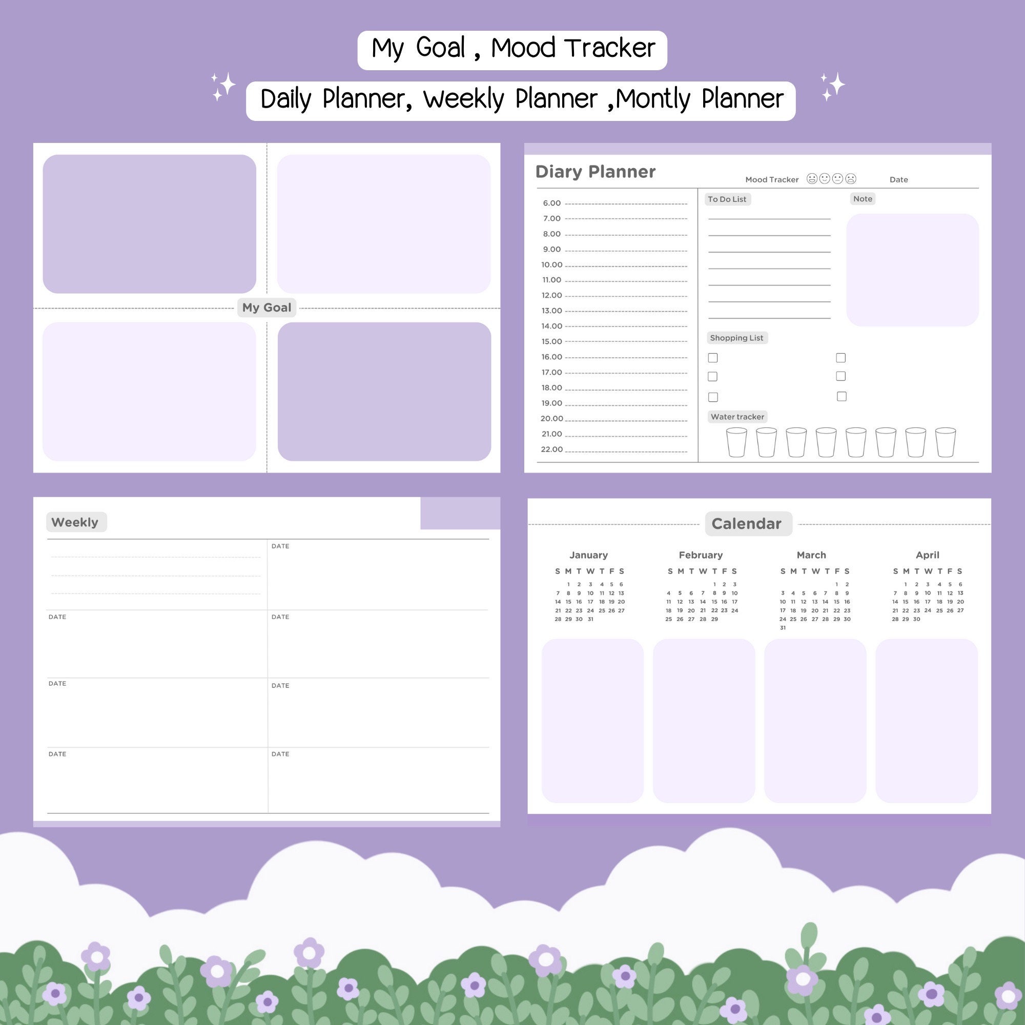 Purple and Flowers Garden Planner Templete 2024 - Etsy