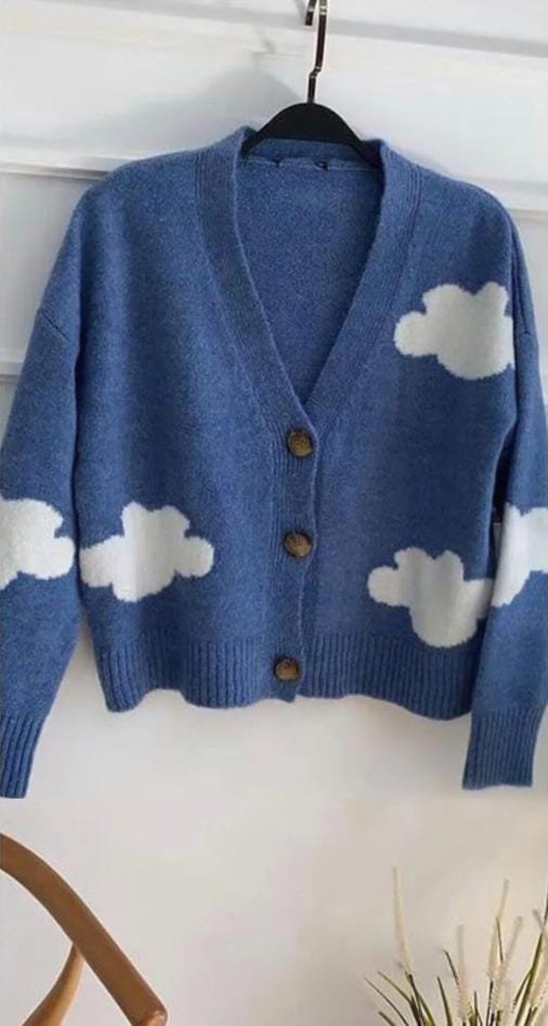 Blue Sky White Clouds Style Hand Knit Cardigan Oversized Cotton Relax ...