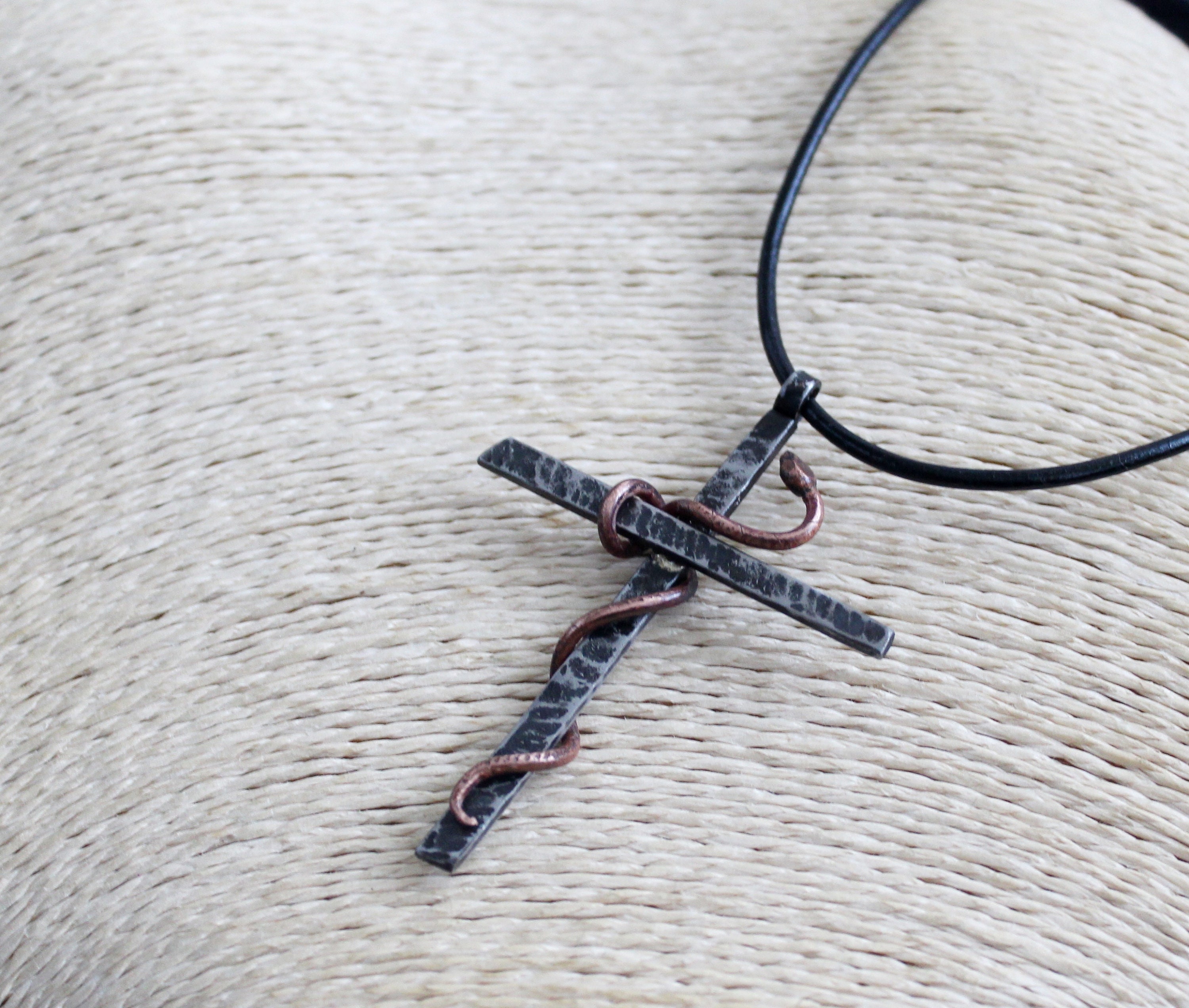 Snake Cross Pendant, Forged Iron Cross Necklace, Catholic Cross ...