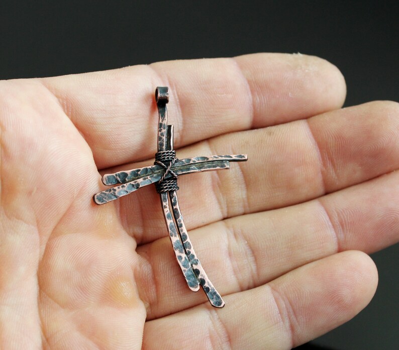 Man Wrought Cross Pendant, Rustic Forged Copper Cross Necklace ...