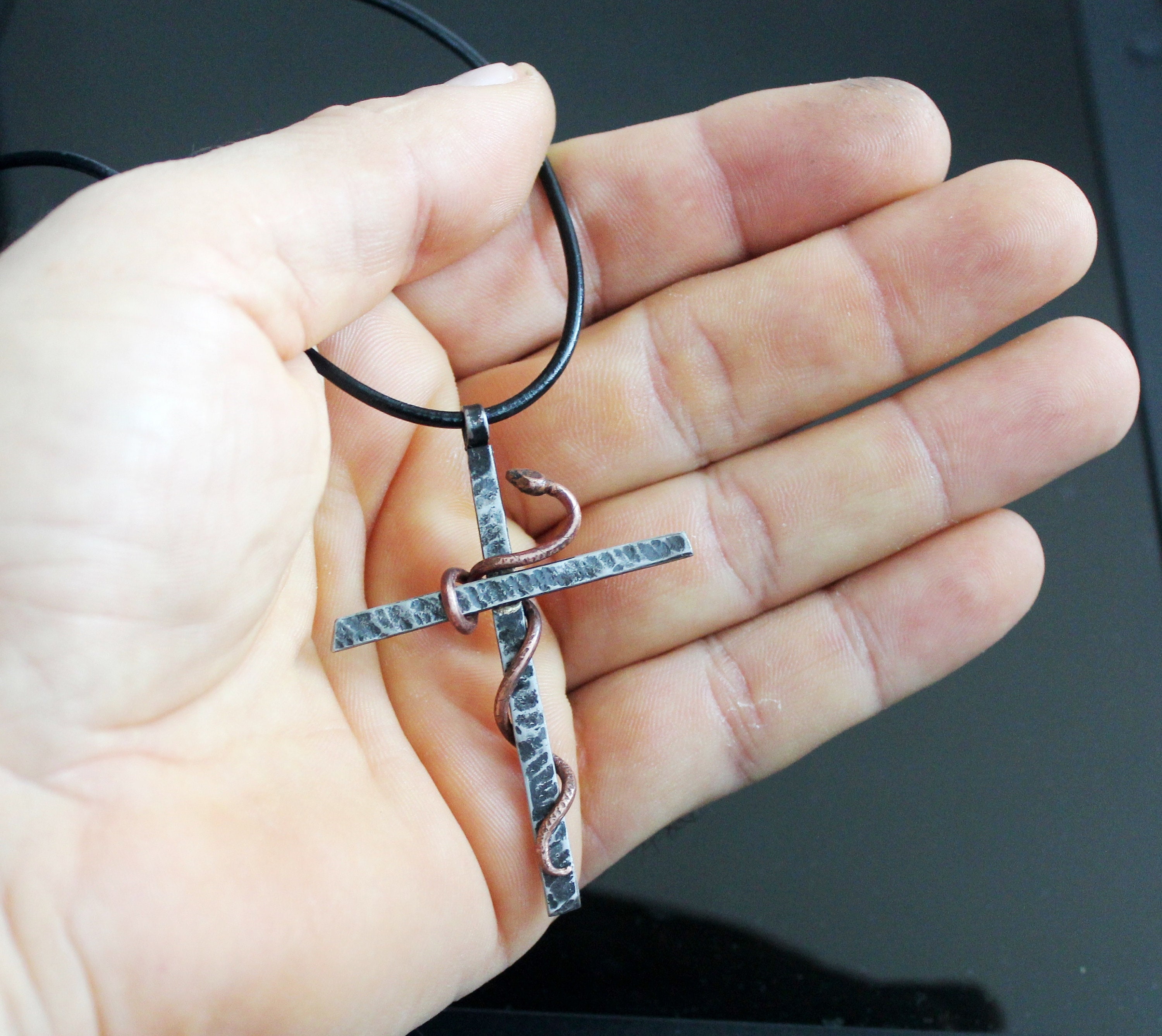 Snake Cross Pendant, Forged Iron Cross Necklace, Catholic Cross ...
