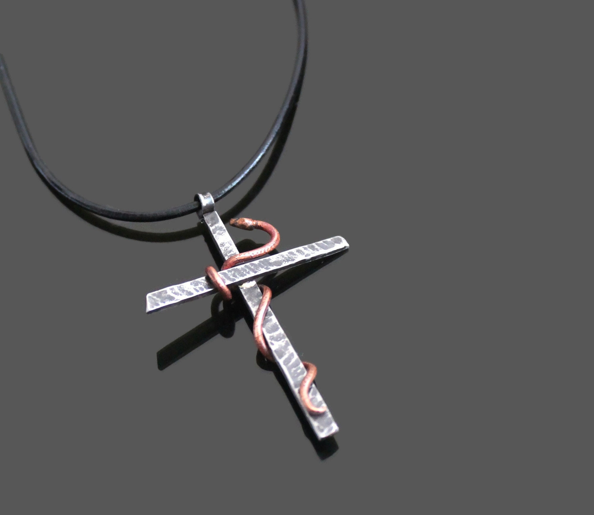 Snake Cross Pendant, Forged Iron Cross Necklace, Catholic Cross ...