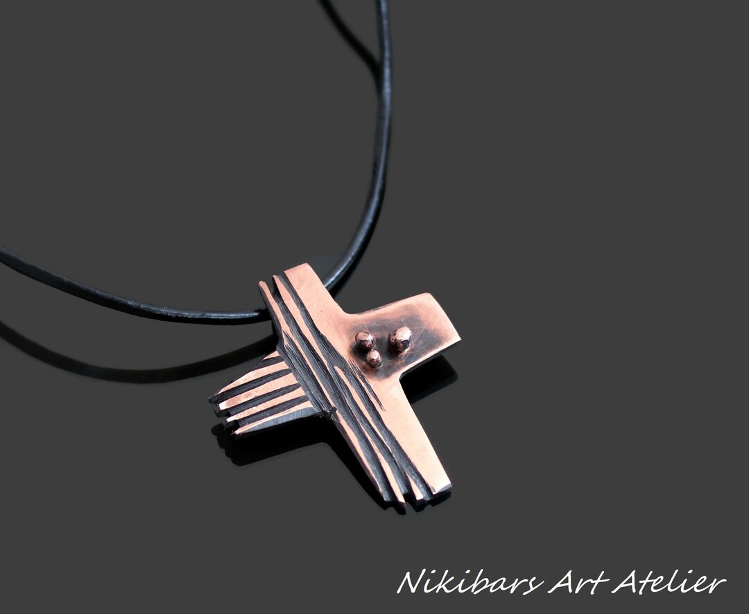 Modernist Copper Cross Pendant - Rustic Forged Cross Necklace - Wrought ...