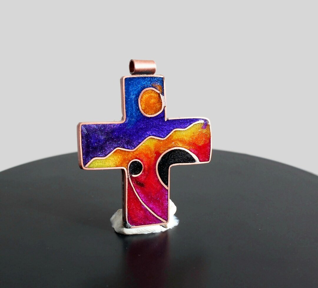 Enamel Copper Cross Pendant - Rustic Cloisonne Cross Necklace ...