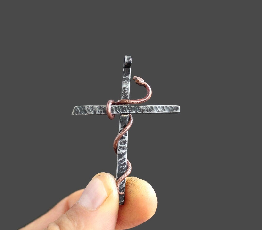 Snake Cross Pendant, Forged Iron Cross Necklace, Catholic Cross ...