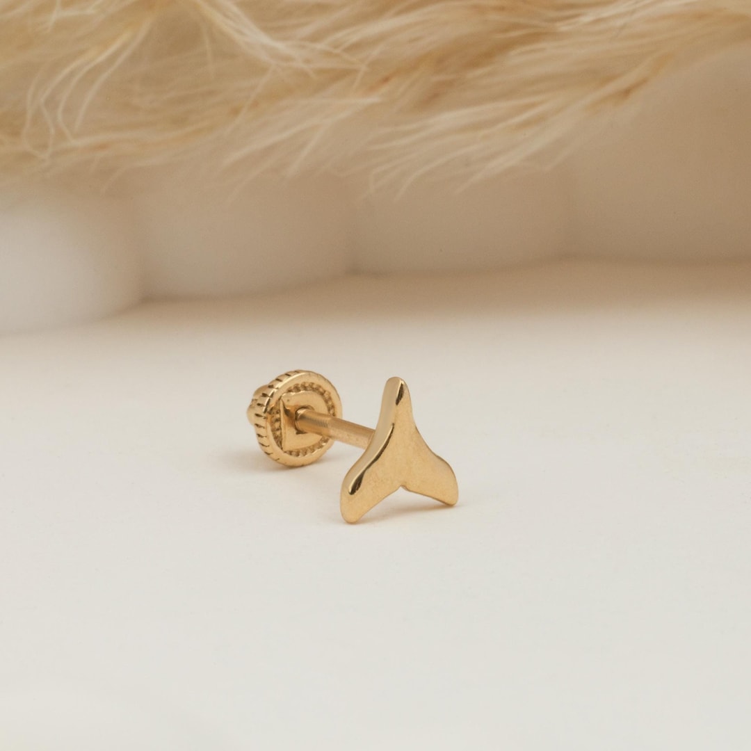 14K Gold Fish Tail Piercing: Cartilage Helix Tragus Stud - Etsy