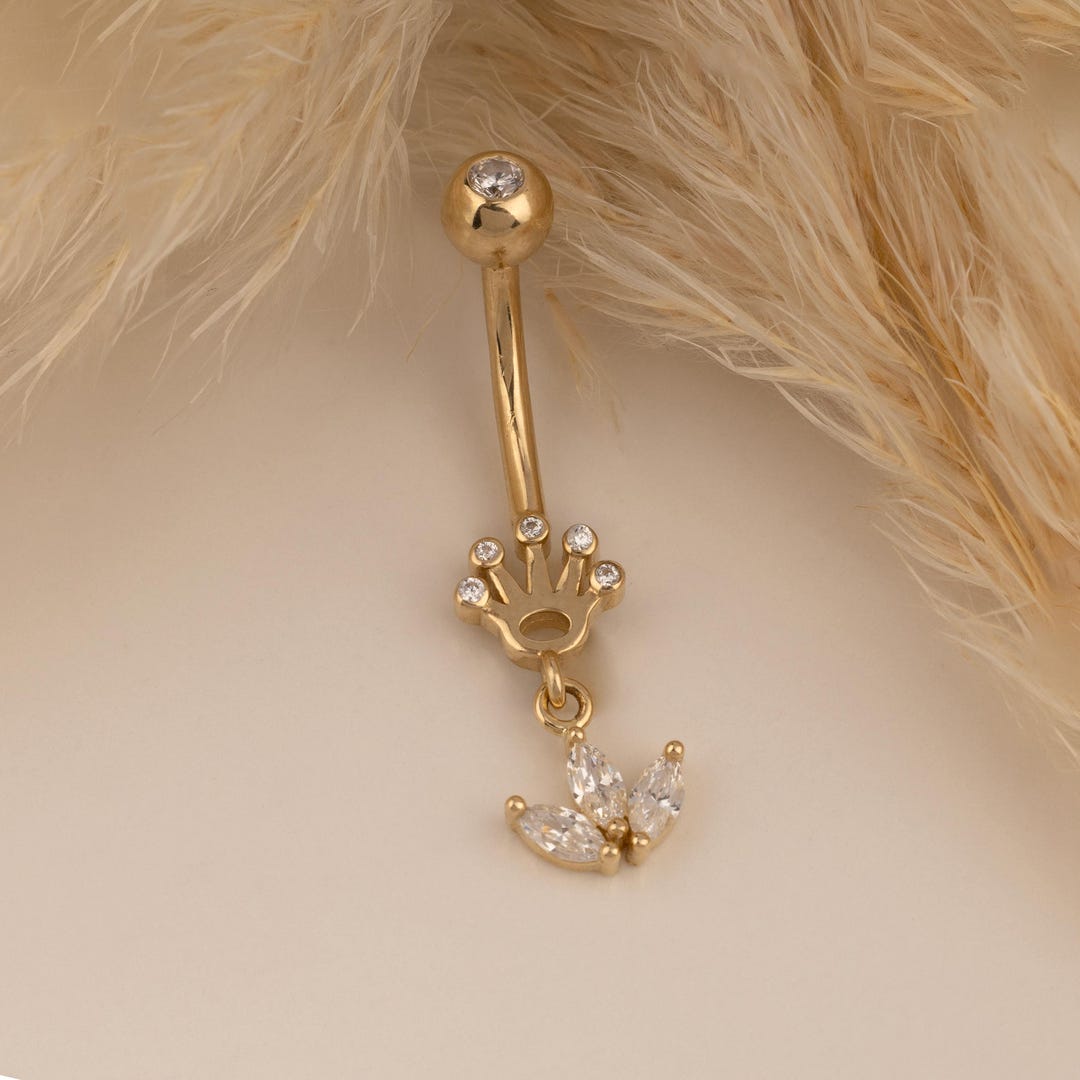 14k Solid Gold Crown With Marquis Stone Belly Button Piercing, Gold ...