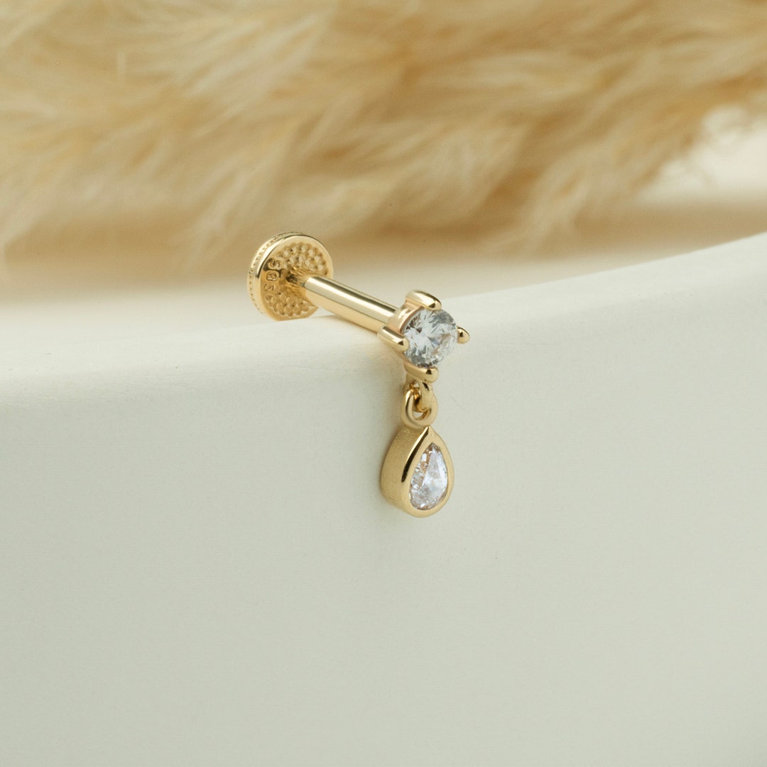 14K Solid Gold Drop Stone Tragus Piercing: Cartilage Earring - Etsy