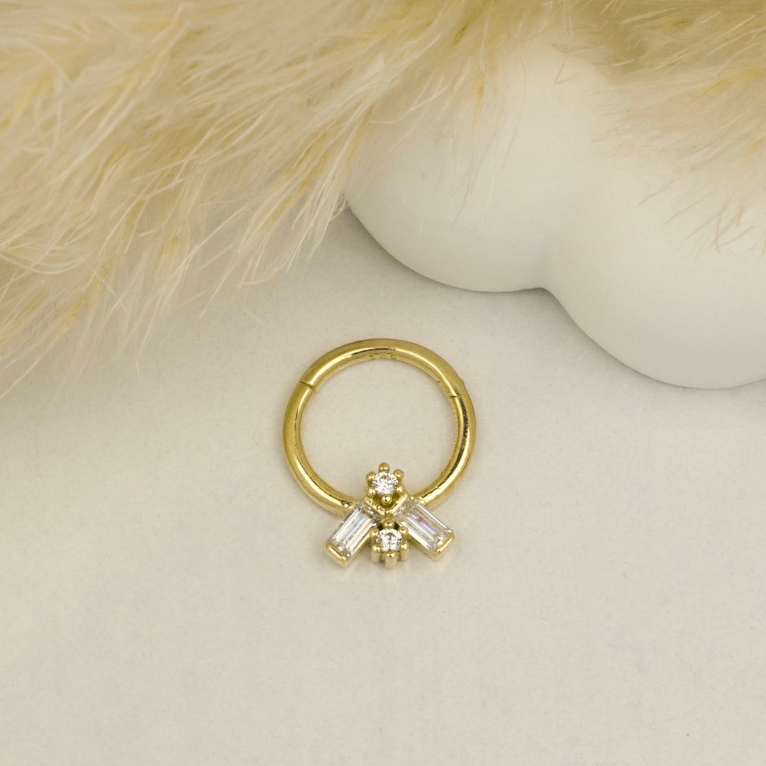 14K Solid Gold Baguette Motif Hinge Ring Clicker Piercing, Minimalist ...