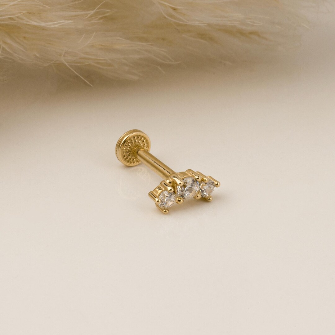 Buy 3 Stone Piercing, Cartilage Earring, 14K Solid Gold Tragus Piercing ...