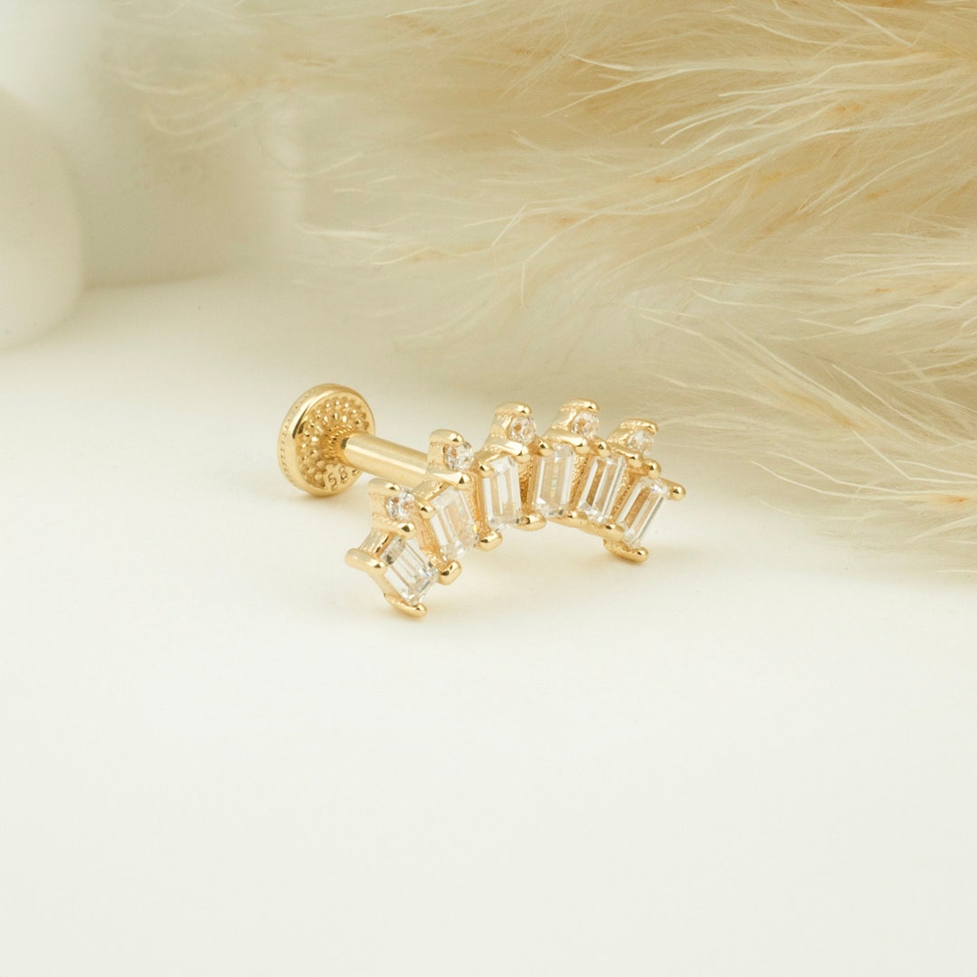 14K Gold Baguette Stone Piercing, Cartilage Earring, 14K Solid Gold ...