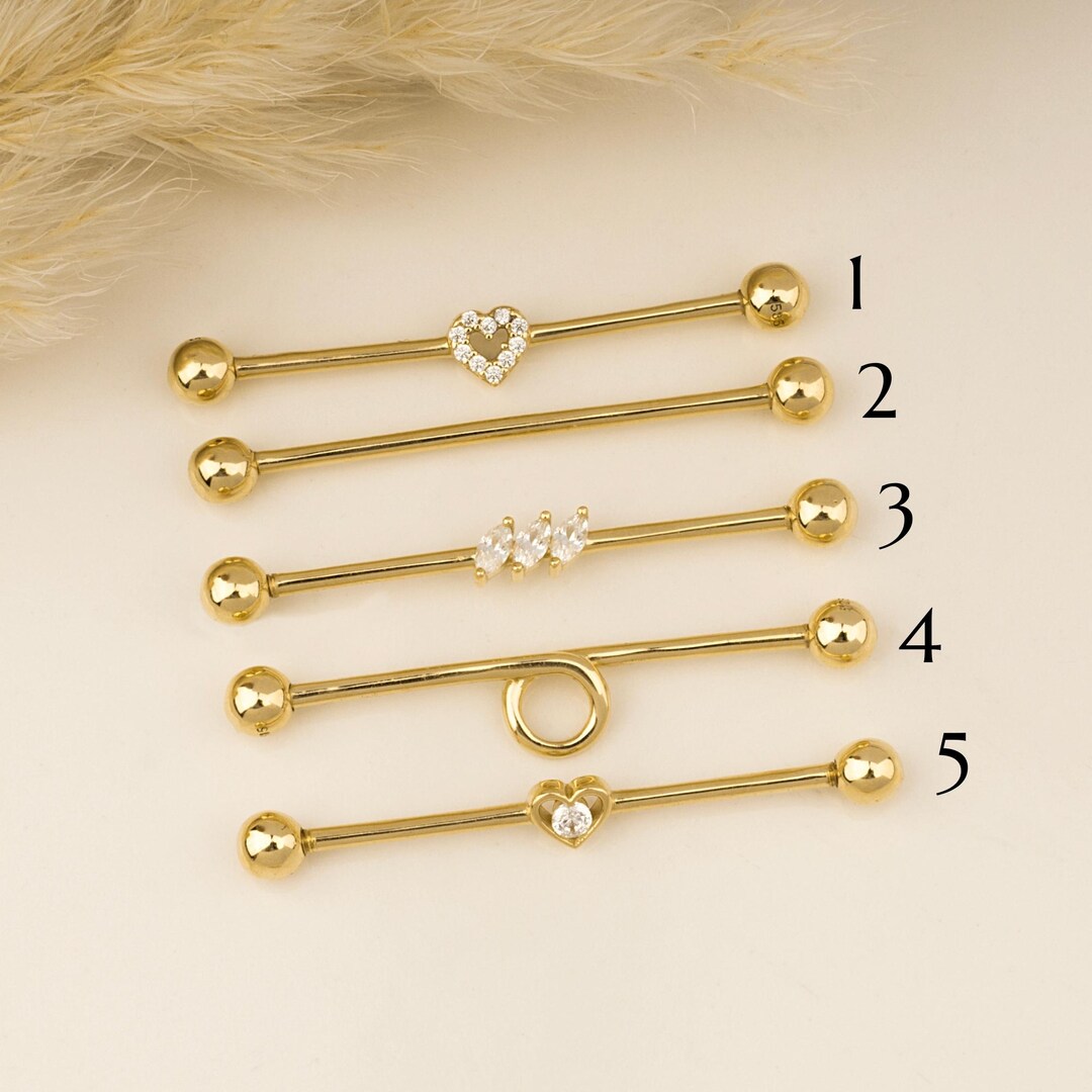 14K Solid Gold Industrial Barbell Balls Piercing 14G, 14K Gold Piercing ...