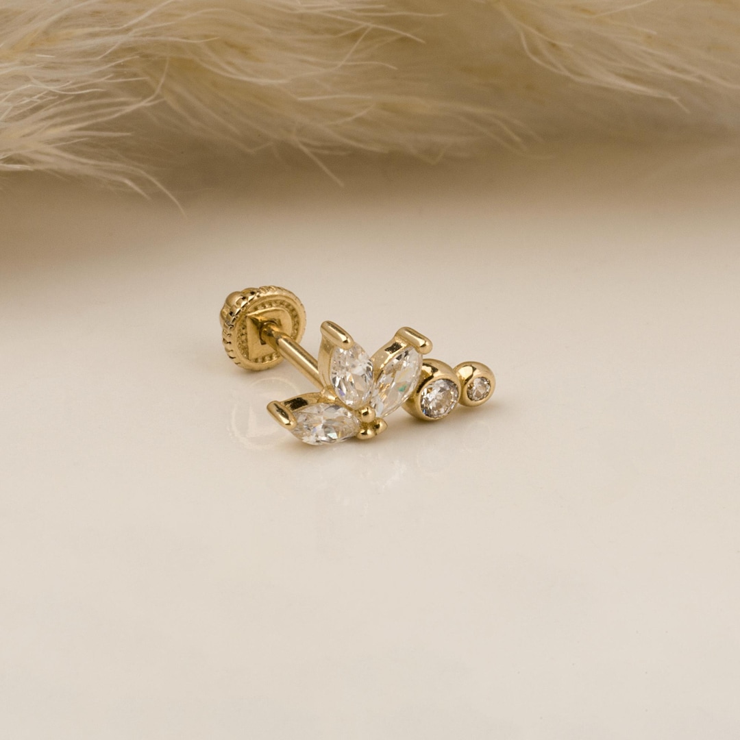 14K Solid Gold Markis Stone Piercing, Cartilage Screw Back Helix Tragus ...