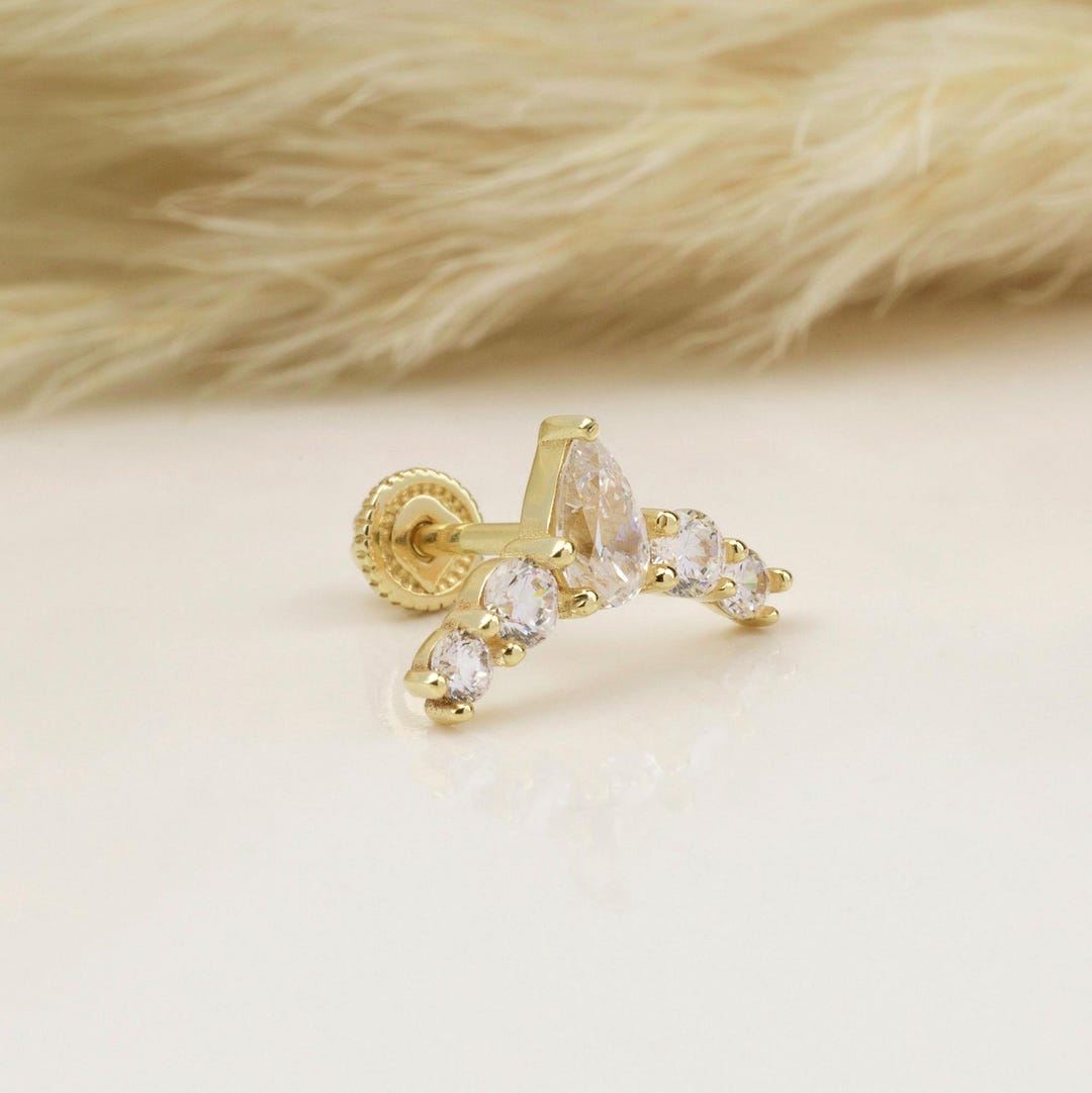 14K Solid Gold Drop Stone Piercing: Cartilage Helix Tragus Screw Back ...