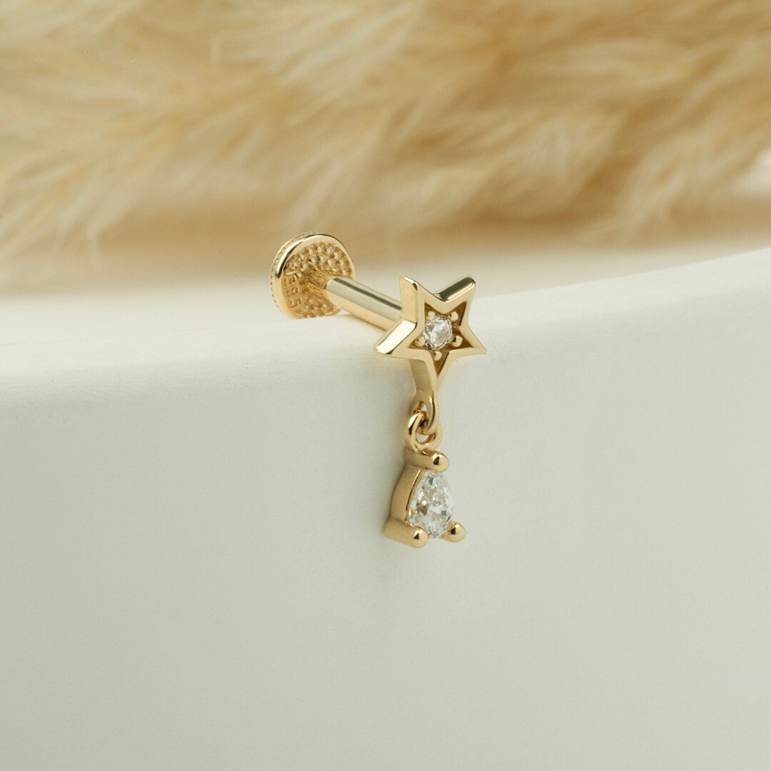 14K Gold Star Drop Stone Piercing, Cartilage Earring, 14K Solid Gold ...