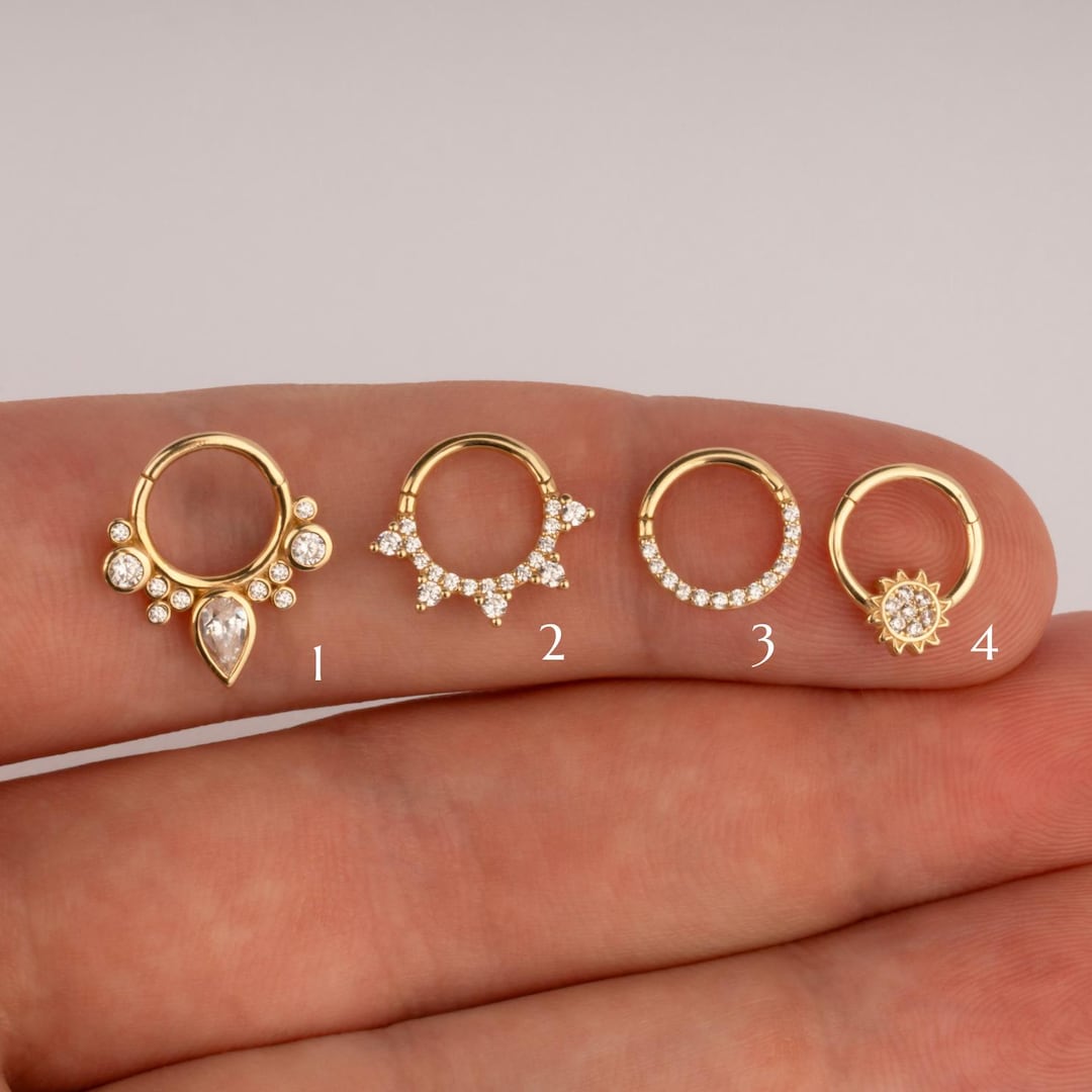 14K Solid Gold Stone Hinge Piercing Ring: Daith, Helix Hoop - Etsy