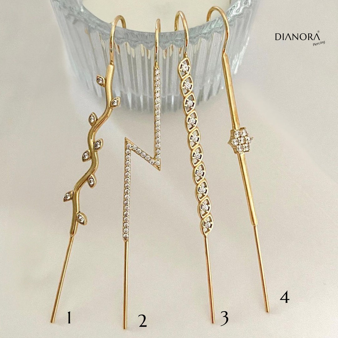 14k Solid Gold Bar Ear Cuff, Bar Ear Pin, Ear Wrap Crawler Hook ...