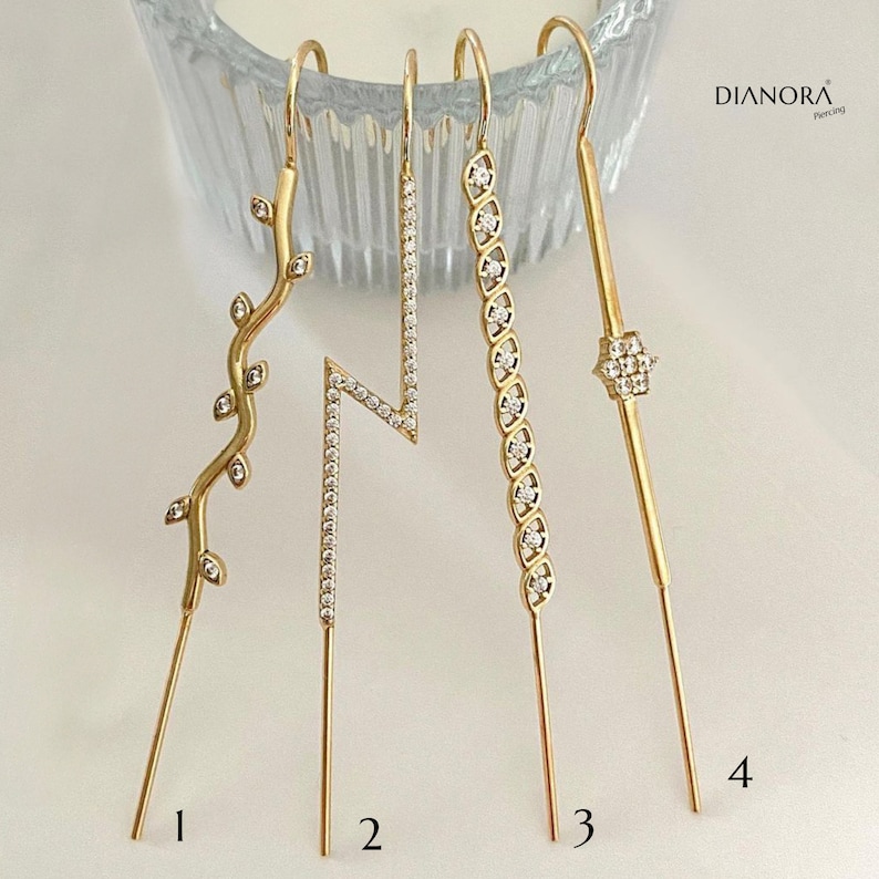 14k Solid Gold Bar Ear Cuff, Bar Ear Pin, Ear Wrap Crawler Hook ...