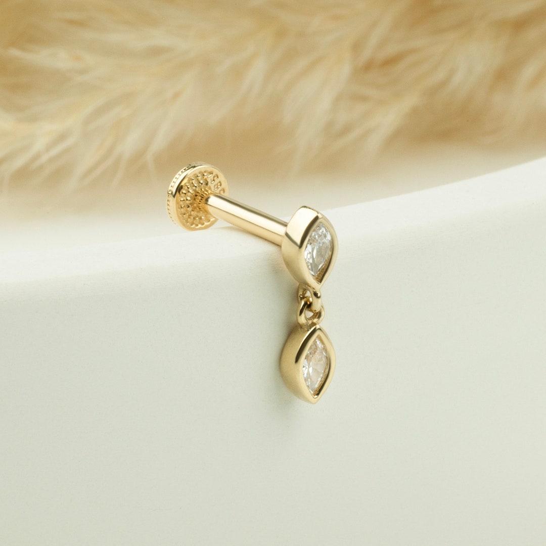 14K Gold Markis Stone Tragus Piercing, Cartilage Earring, 14K Solid ...