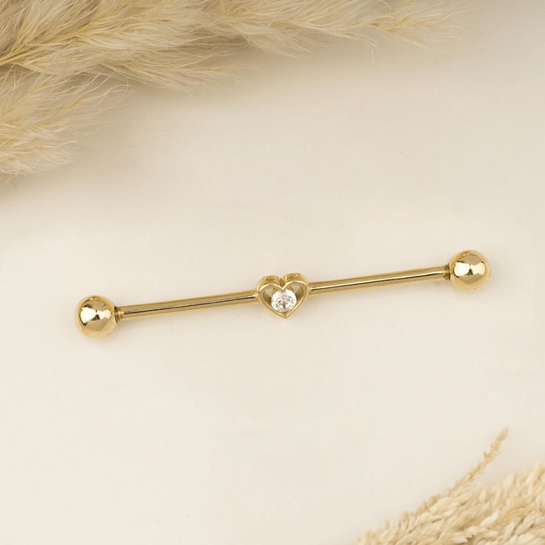 14K Solid Gold Industrial Barbell Balls Piercing 14G, 14K Gold Piercing ...