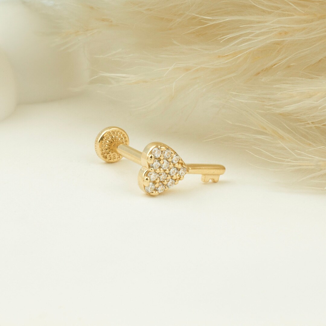 14K Gold Key Piercing: Heart CZ Tragus Earring - Etsy