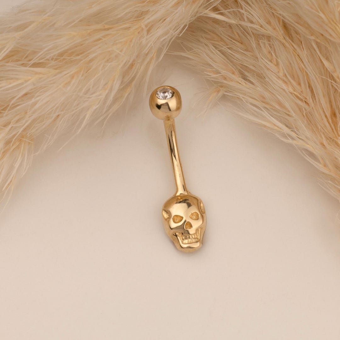 14k Solid Gold Skull Belly Ring: Navel Barbell Piercing - Etsy