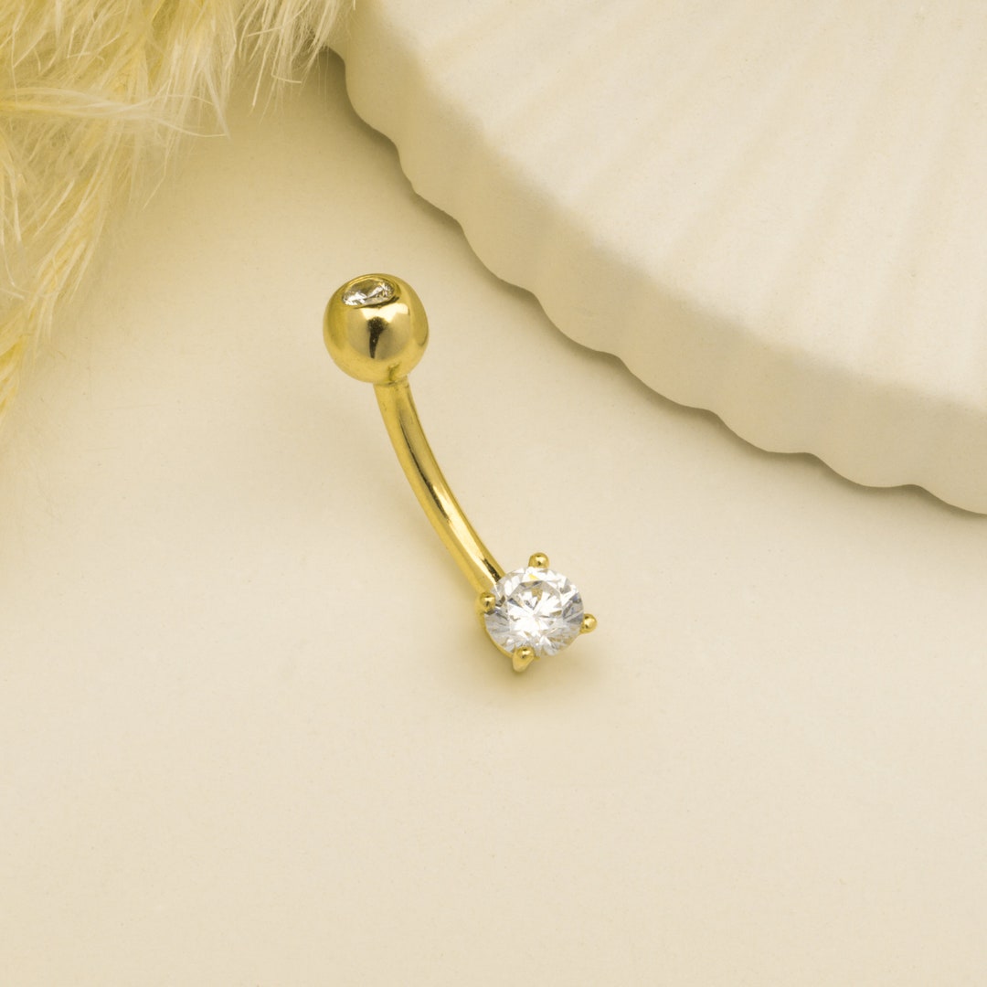 14k Solid Gold Solitiare Belly Ring Belly Button Ring Piercing, Gold ...