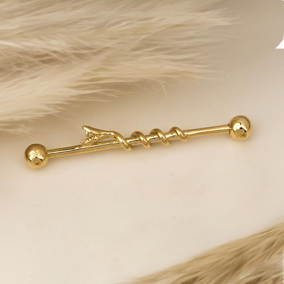 14K Solid Gold Industrial Barbell Balls Piercing 14G, 14K Gold Piercing ...