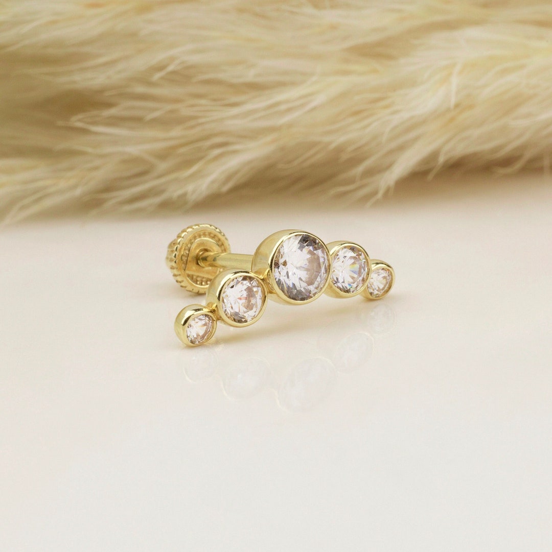 14K Solid Gold 5 Stone Piercing, Cartilage Screw Back Helix Tragus ...