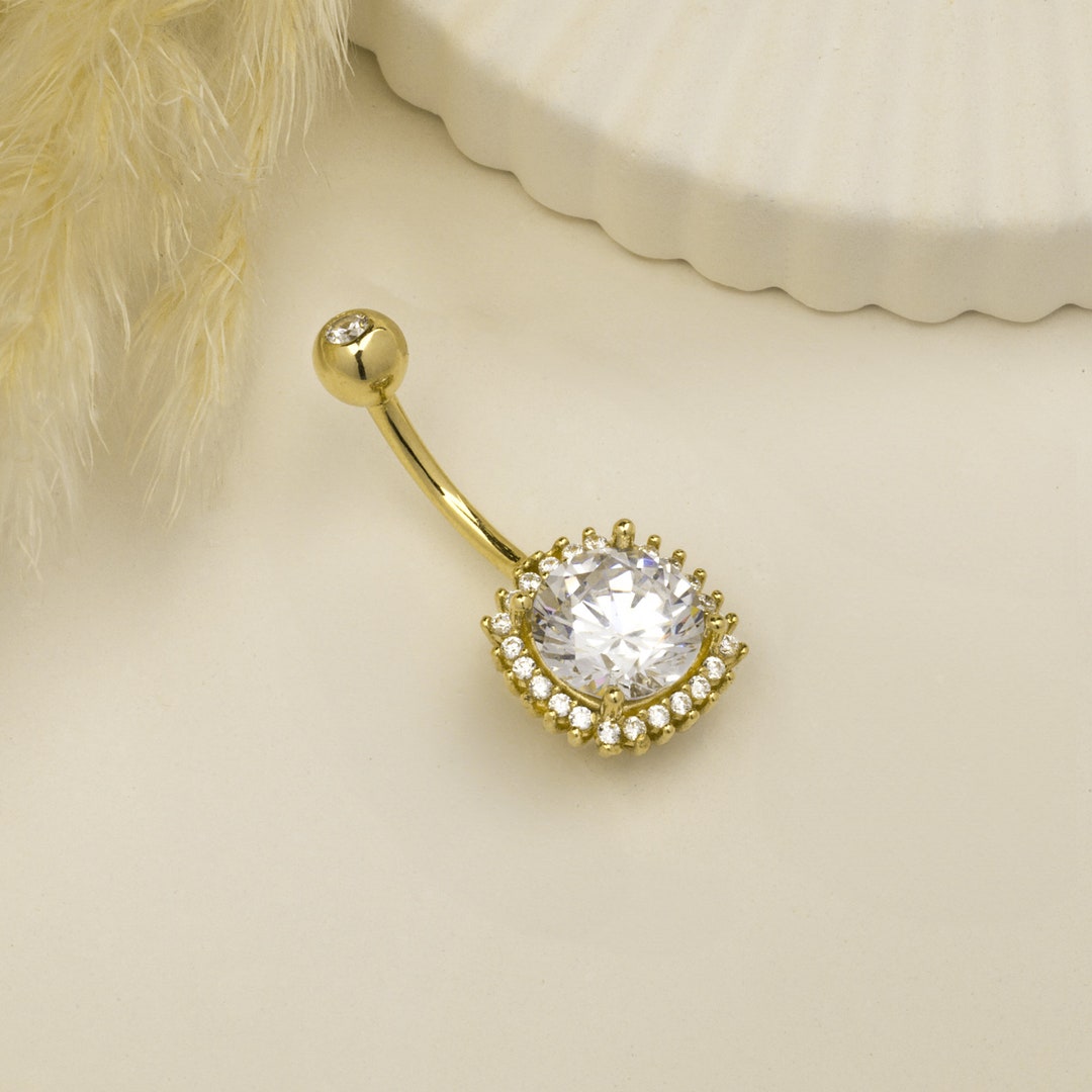14k Solid Gold Big Belly Ring Belly Button Ring Piercing, Gold Belly ...