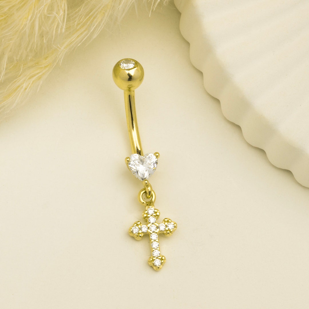 14k Solid Gold Cross Belly Ring Belly Button Ring Piercing, Gold Belly ...