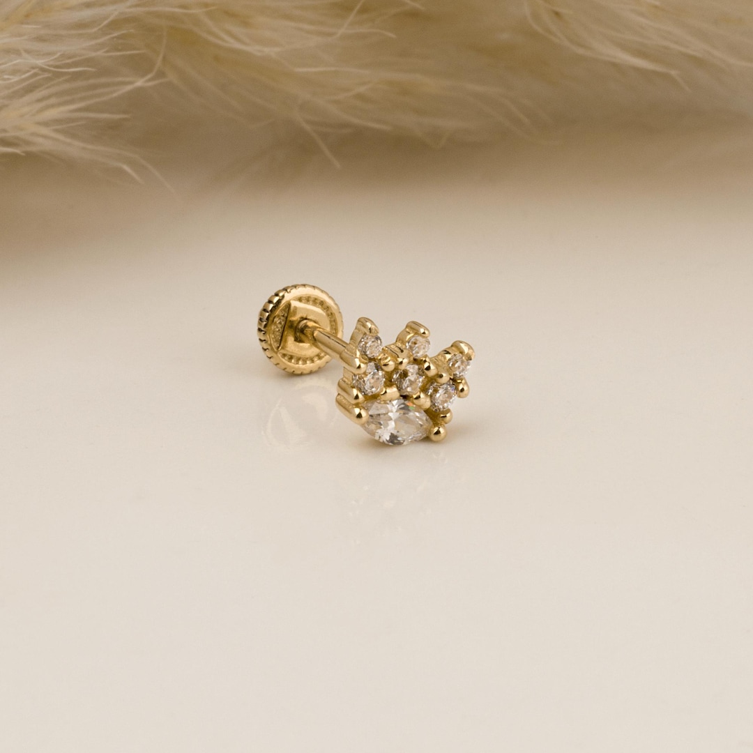 14K Solid Gold Crown Piercing: Helix Tragus Stud Earring - Etsy