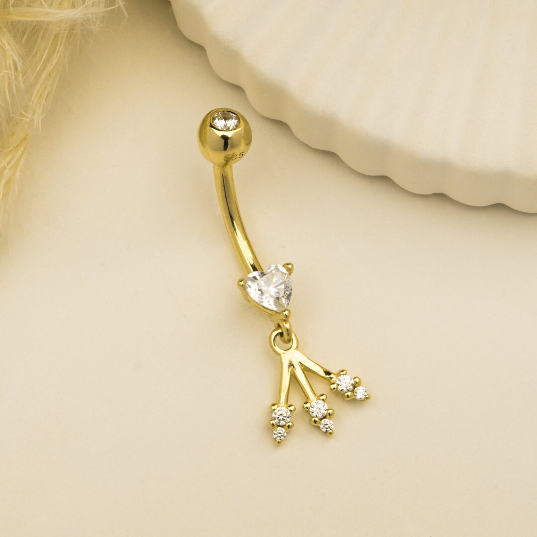 14k Solid Gold 3 Motif Belly Ring Belly Button Ring Piercing, Gold ...