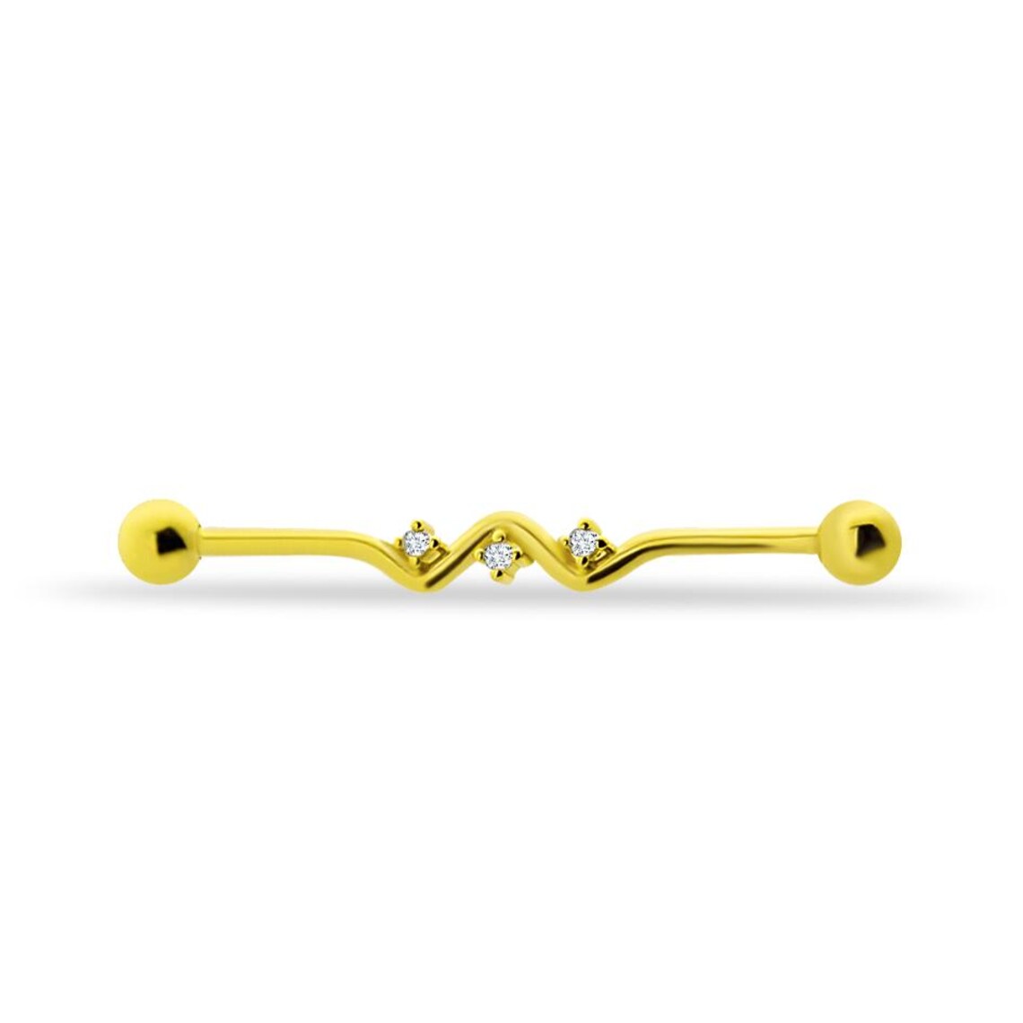 14K Gold Industrial Barbell Piercing With Zircon Stone (14G) - Etsy