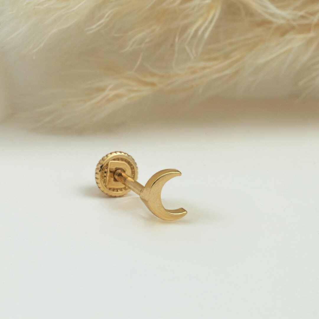 14K Solid Gold Crescent Piercing, Screw Back Cartilage Earring - Etsy