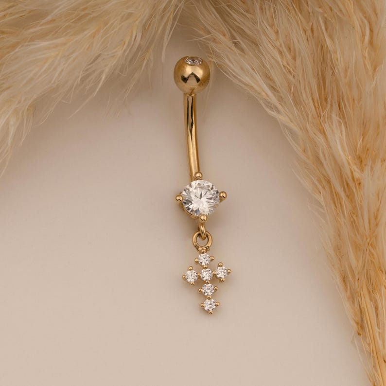14k Solid Gold Cross Belly Ring: Navel Barbell Piercing - Etsy
