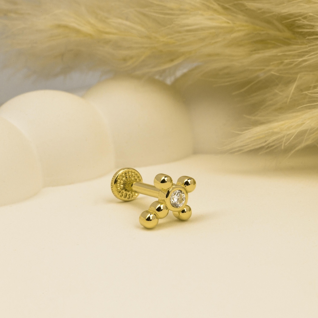 14K Solid Gold Cross Tragus Piercing, Handmade Cartilage Earring - Etsy